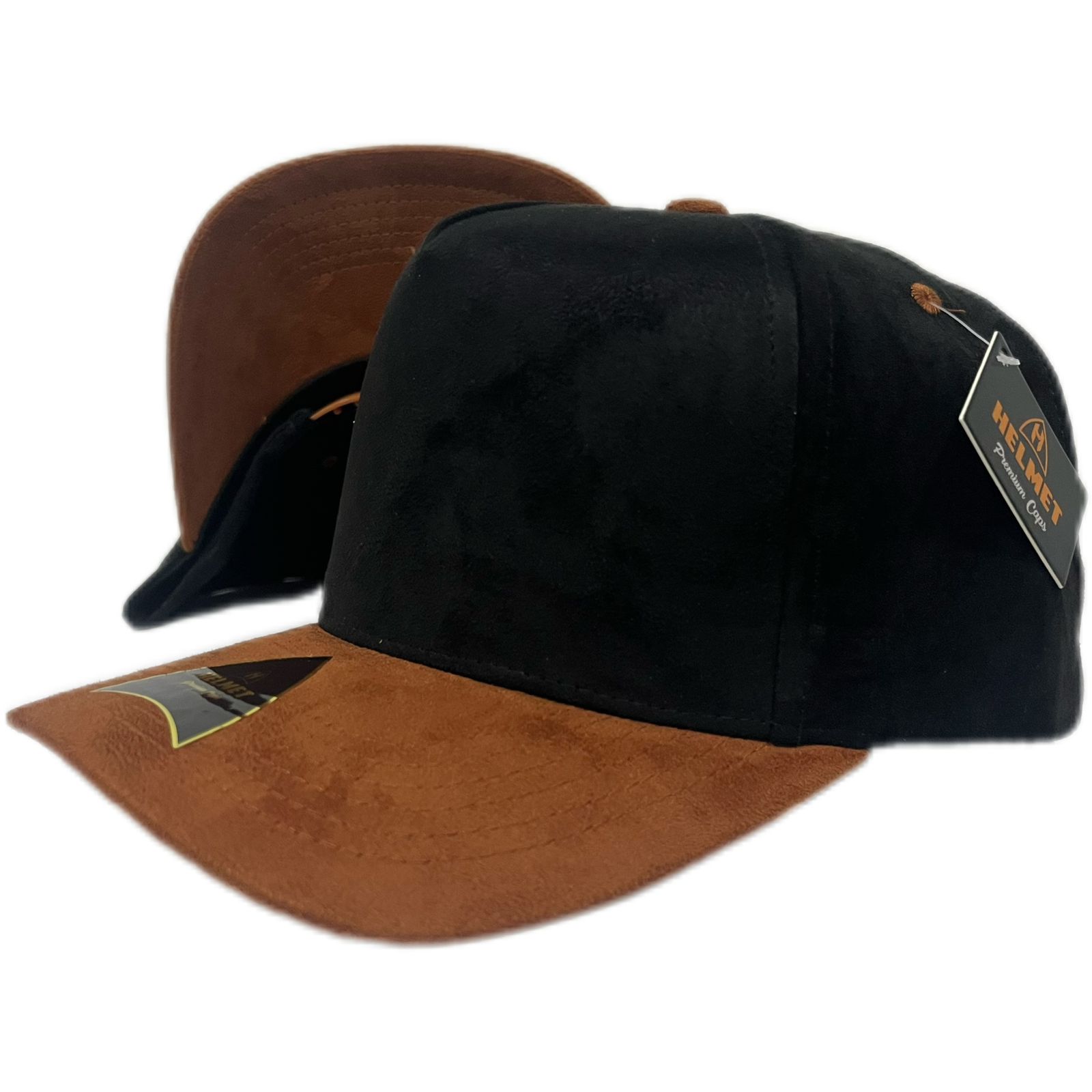 Helmet Gamuza 5 Panel Suede Curva Negro-Camel | Mayoreo Gorras